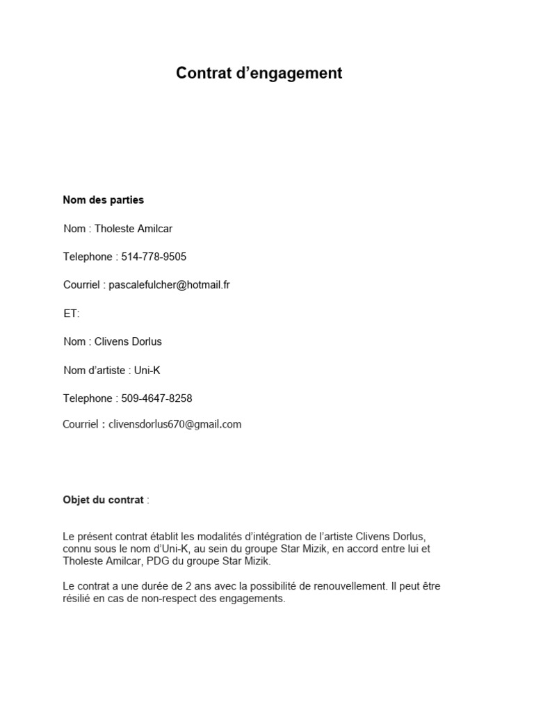 Contrat D'engagement - Google Documents | PDF