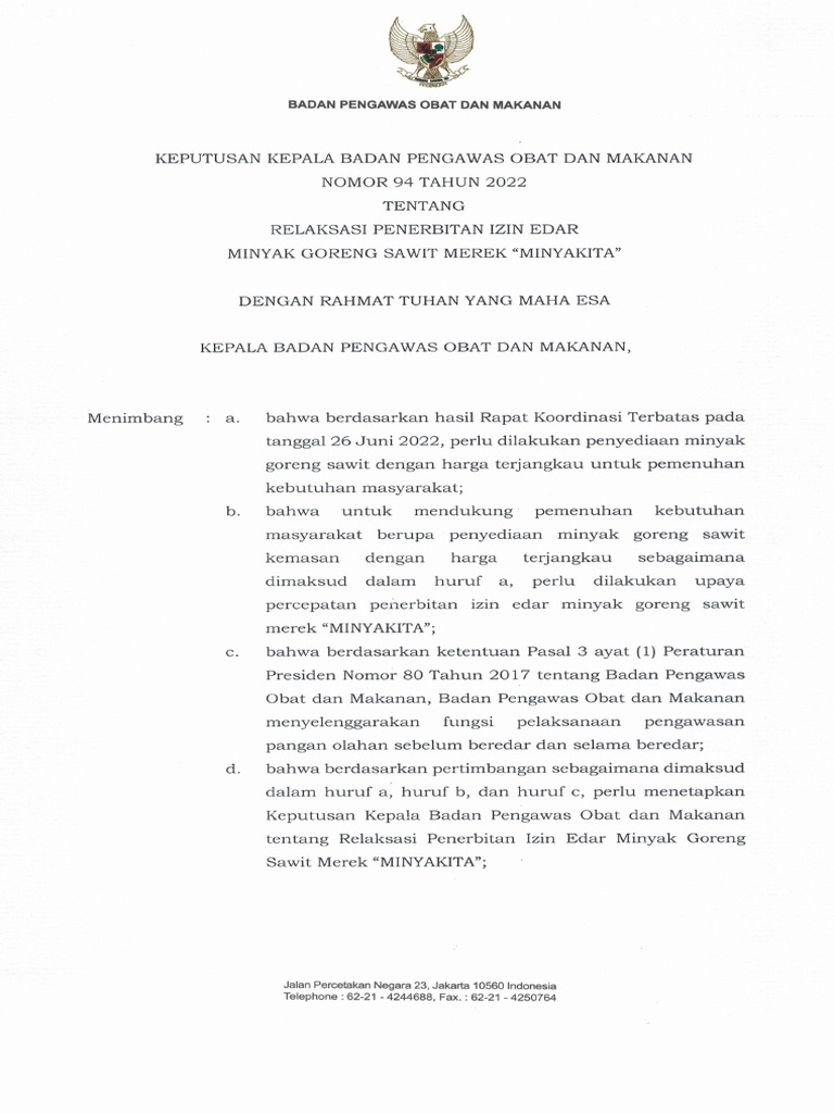 Kep KBPOM - Relaksasi Izin Edar MGS Baru | PDF