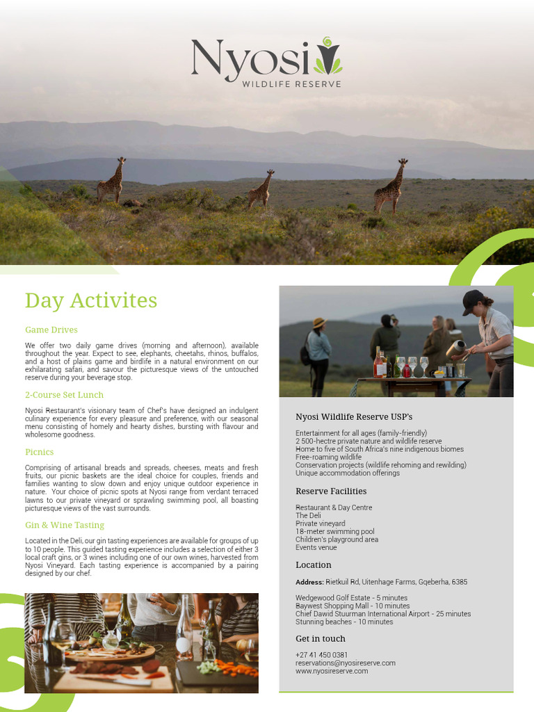 Nyosi Wildlife Reserve Day Activities | PDF | Picnic | Western Cuisine