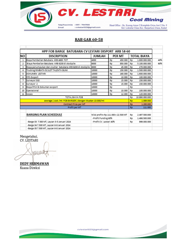 RAB Tambang Batubara CV Lestari | PDF