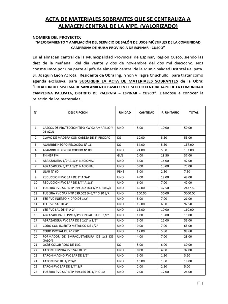 Acta de Entrega de Mat. Nuevos Almacen | PDF | Tecnología