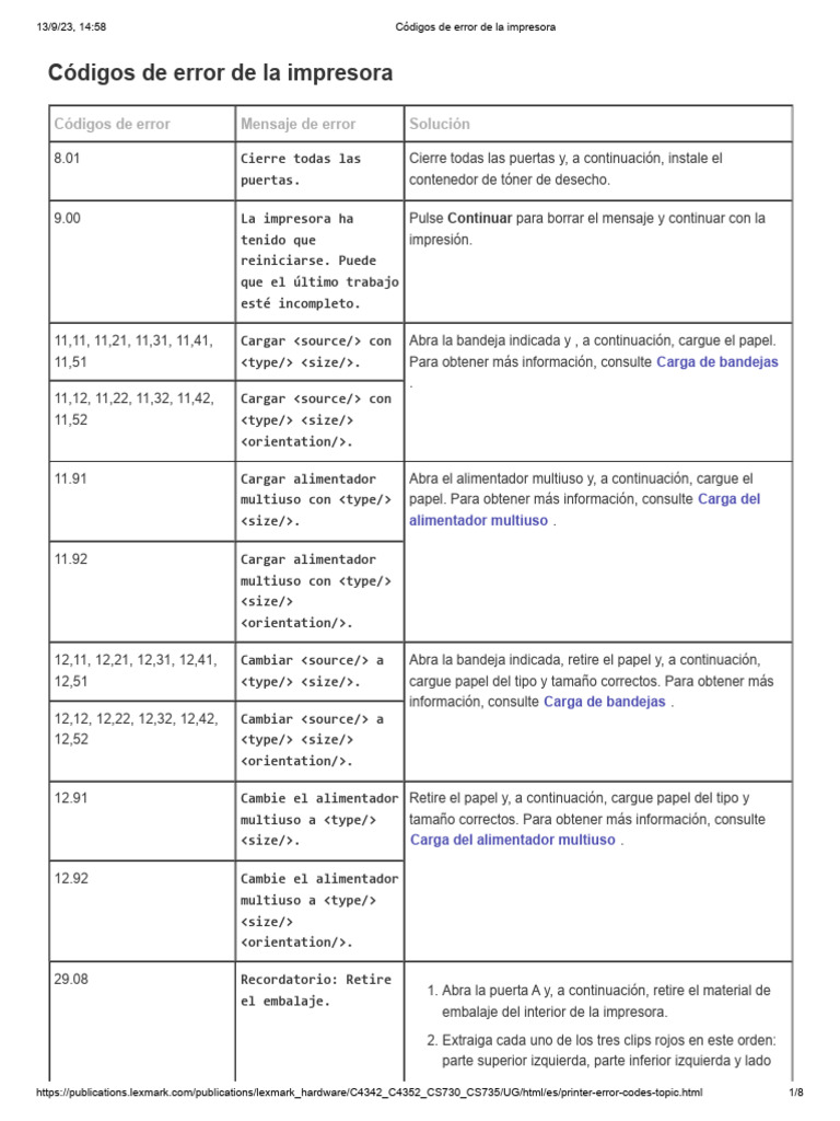 Códigos de Error de La Impresora | PDF | Impresora (Computación) | Datos de computadora
