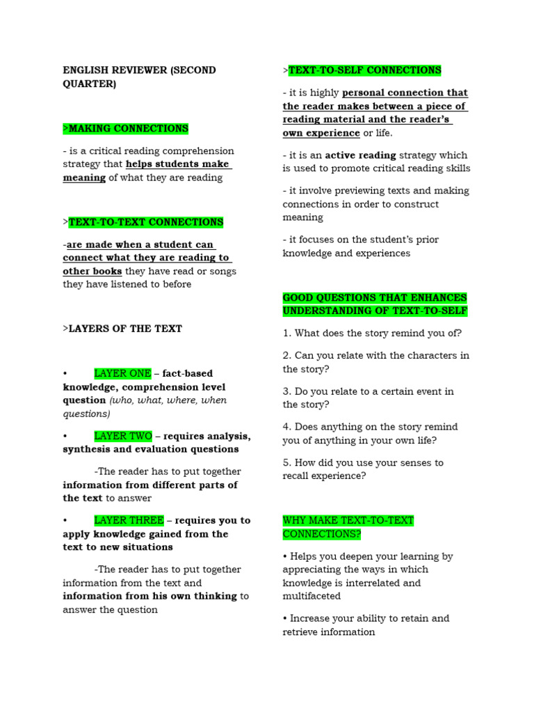 English Reviewer For Second Quarter | PDF | Reading Comprehension ...
