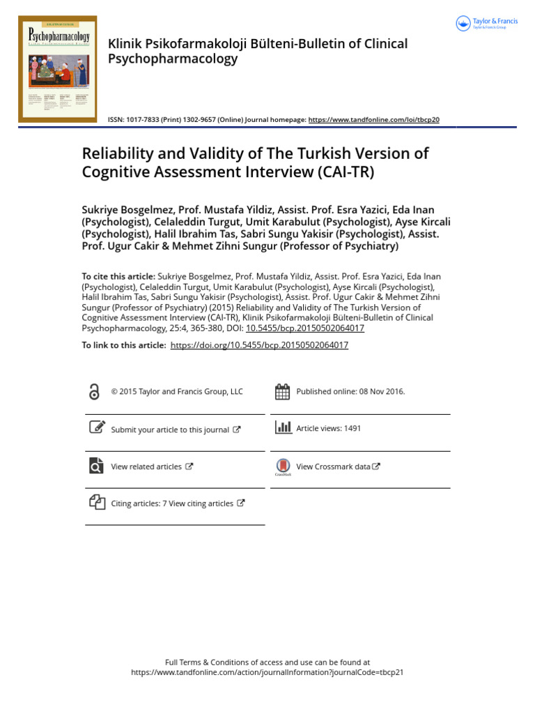 Reliability And Validity Of The Turkish Version Of Cognitive Assessment Interview Cai Tr Pdf
