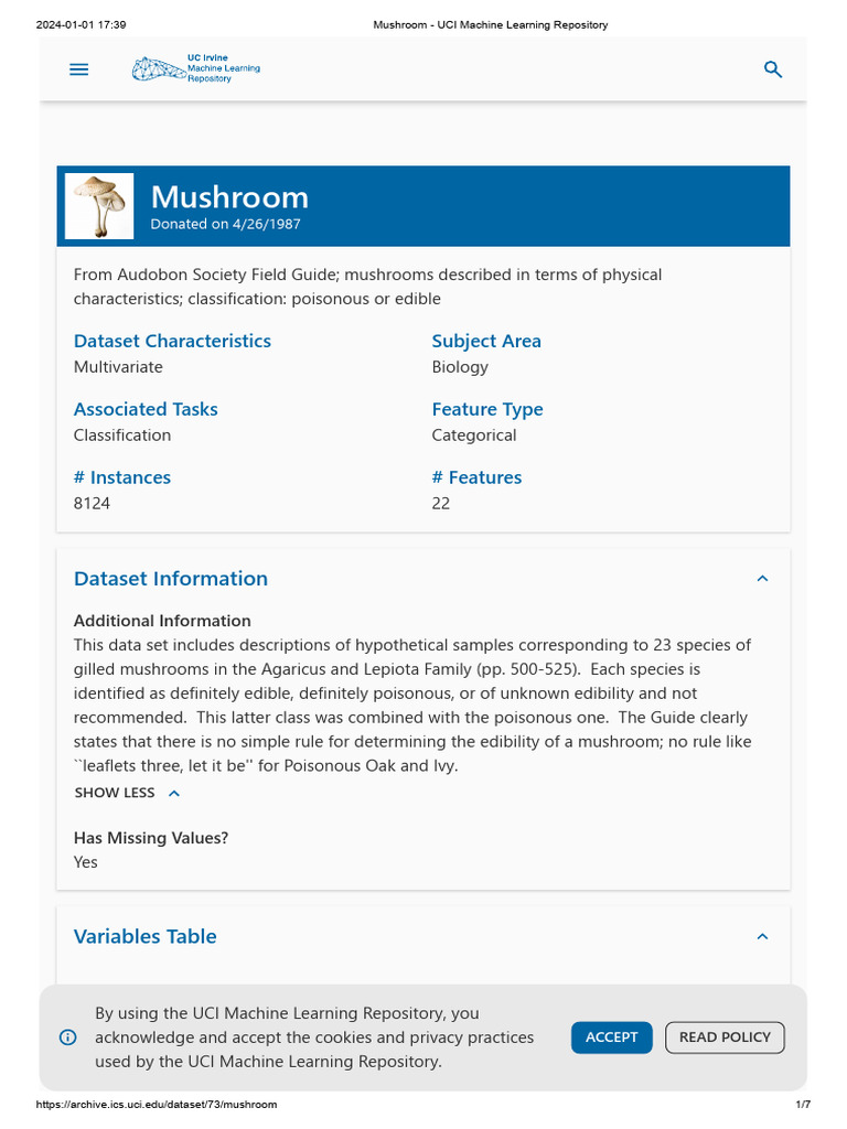 02 Mushroom - Machine Learning Repository | PDF | Categorical Variable | Edible Mushroom