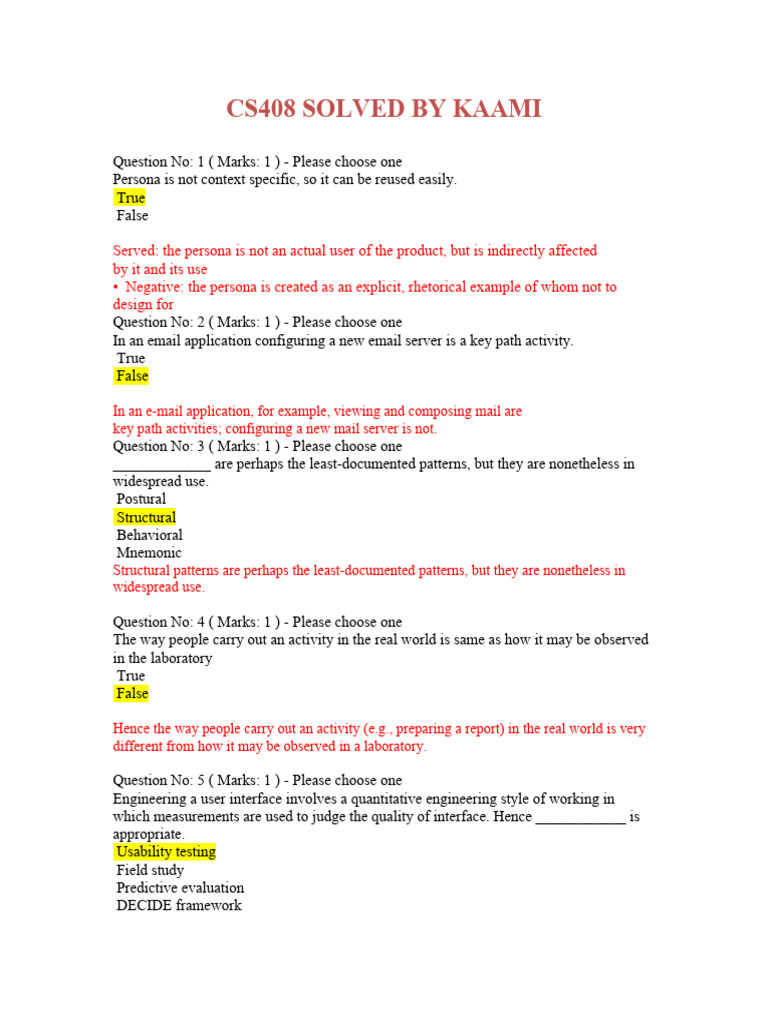 CS408 Final Term Solved MCQs With Reference by Kaami | PDF | Usability | Computing