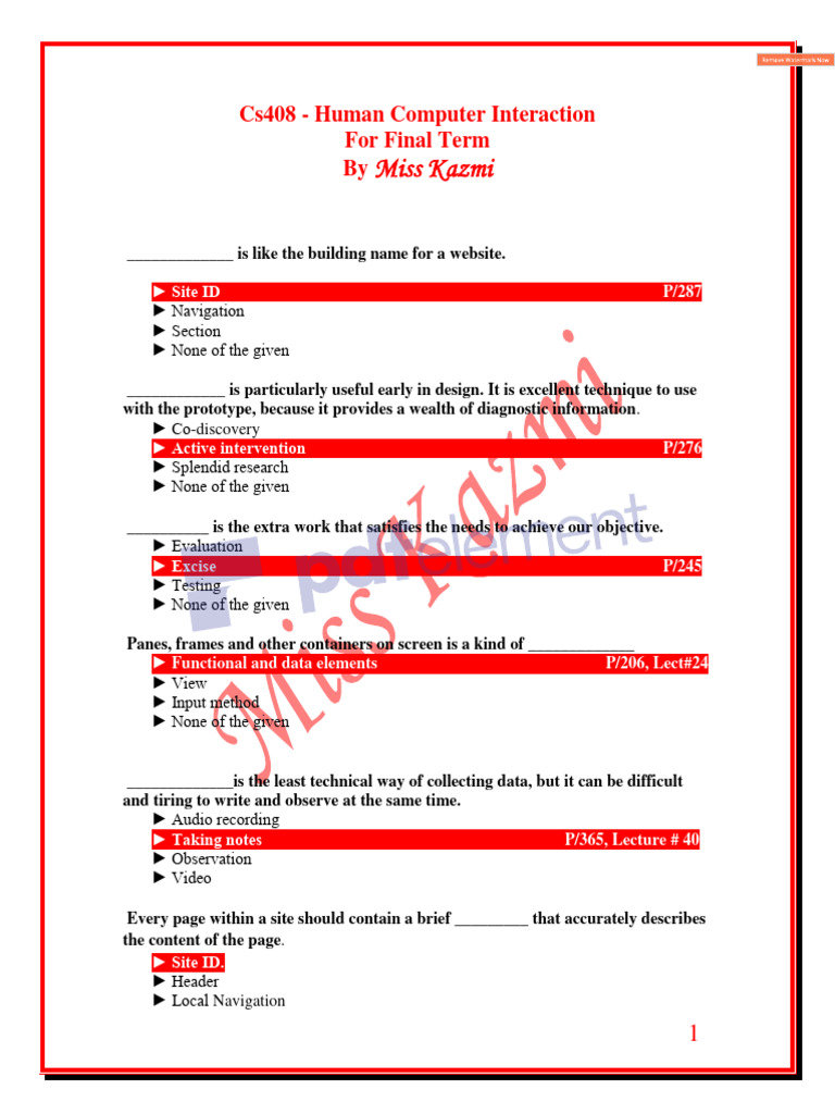 CS408 Finalterm Solved MCQs With Reference by Miss Kazmi | PDF | Usability | Hue