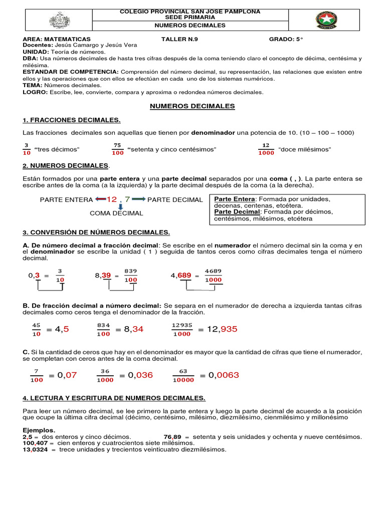 Numeros Decimales: Milésima. Ellos y Las Operaciones Que Con Ellos Se Efectúan en Cada Uno de ...