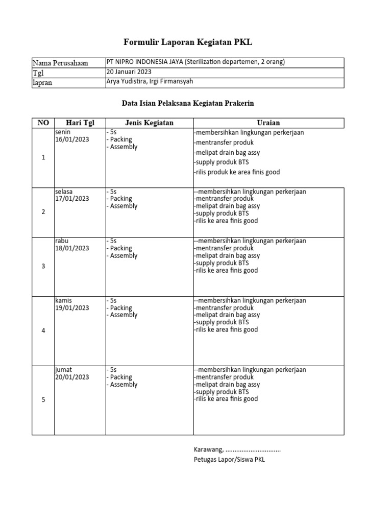 Formulir Laporan PKL-2 | PDF