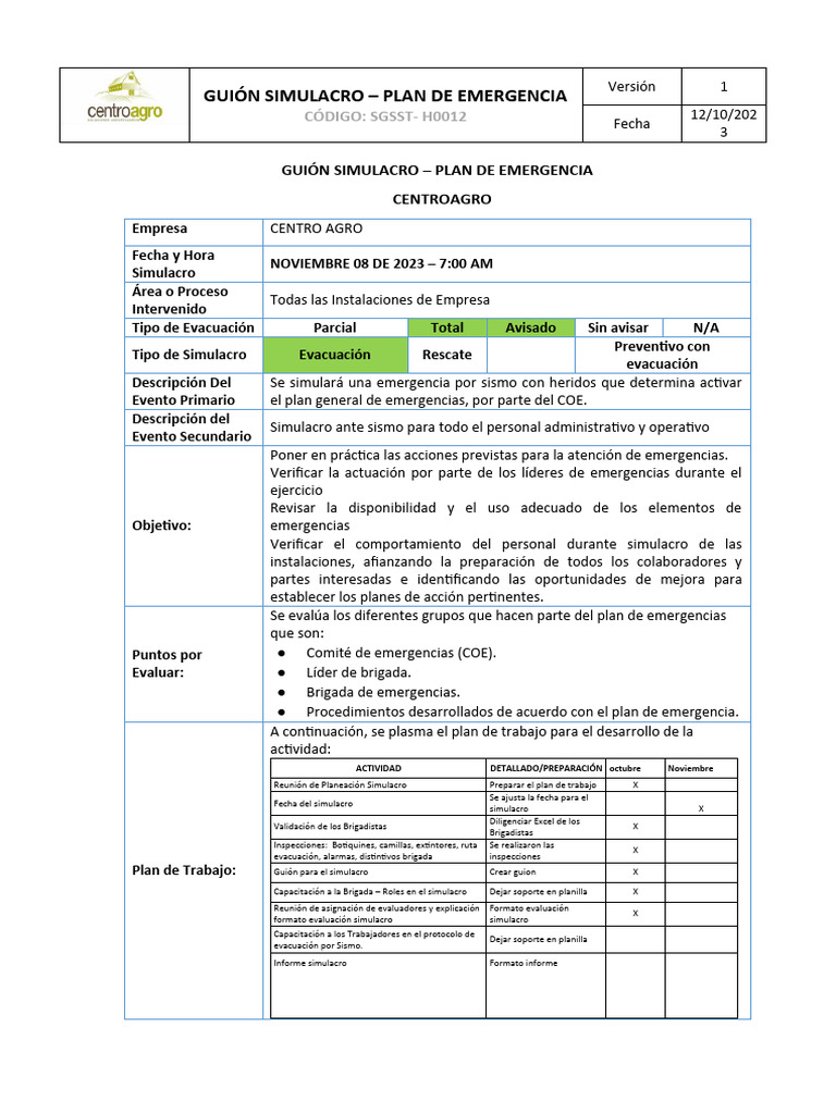 Guión Del Simulacro Formato 2023 | PDF | Simulación