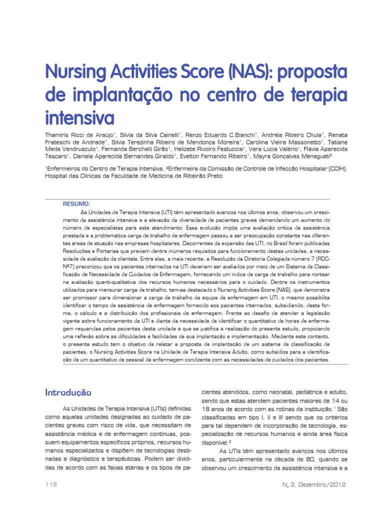 Nursing Activities Score (NAS) | PDF | Unidade de Tratamento Intensivo (UTI) | Enfermagem