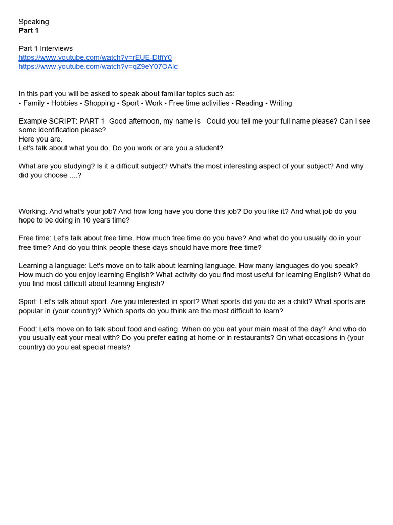 Speaking Part 1 and 2 | PDF | Hobbies