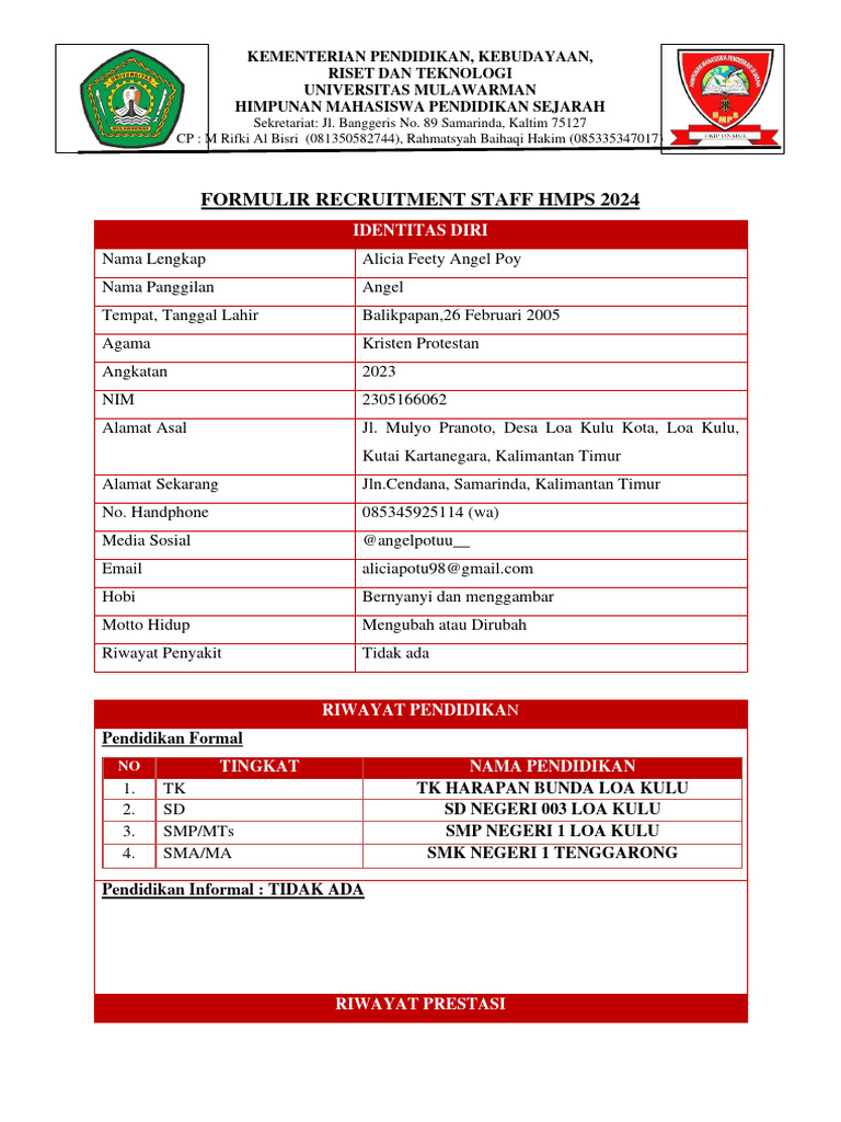 Alicia Frety Angel Potu - Formulir Recruitment Staff HMPS 2024 | PDF