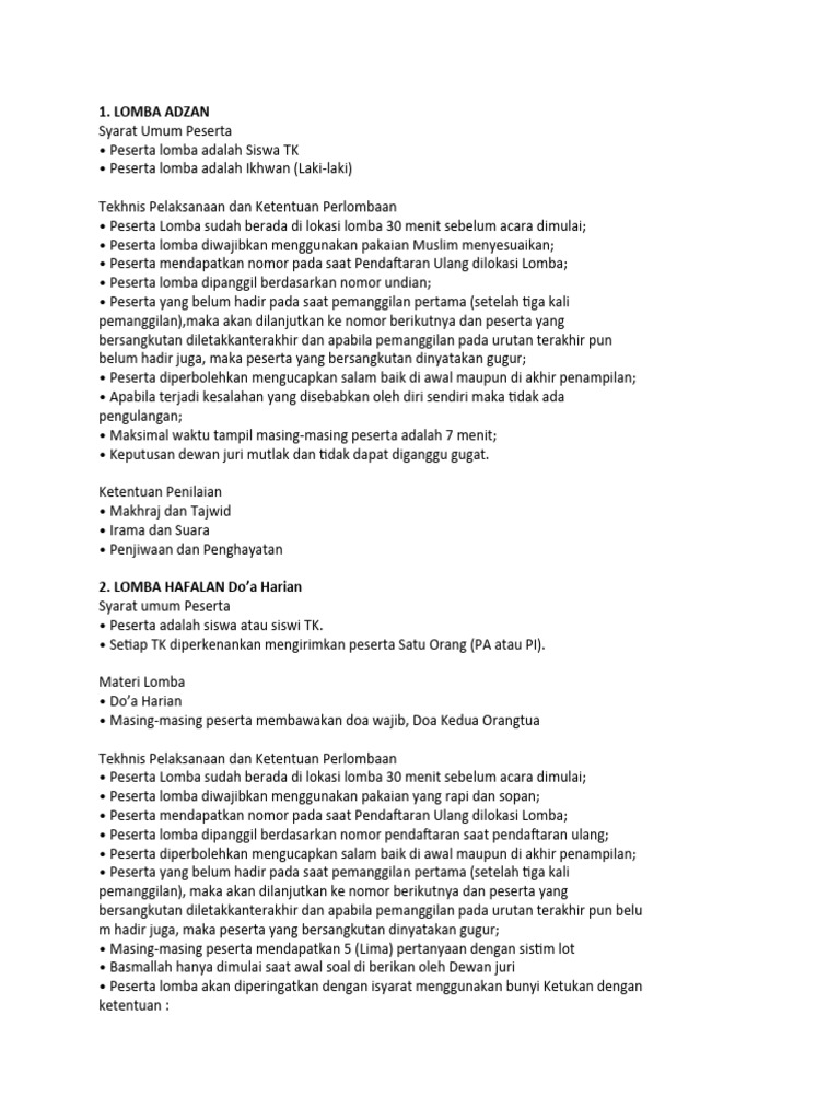 Lomba Adzan dan Hafalan Do'a TK 2023 | PDF