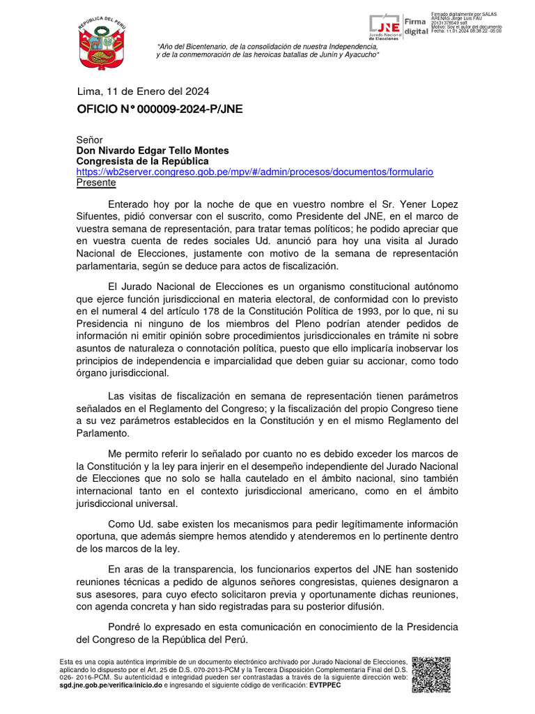 Carta Del Presidente Del JNE | PDF | Responsabilidad | Gobernancia