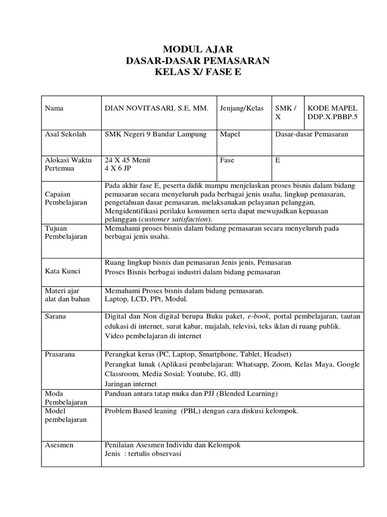 Modul Ajar Dasar-Dasar Pemasaran Kelas X/ Fase E | PDF
