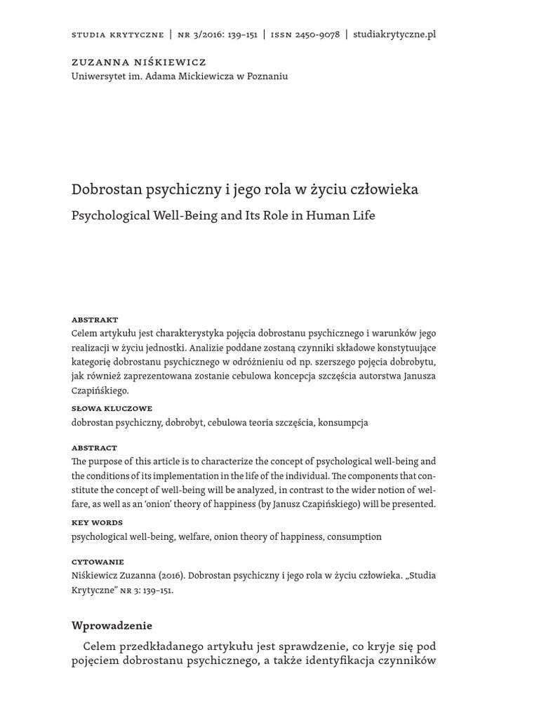 Dobrostan Psychiczny I Jego Rola W Zyciu | PDF