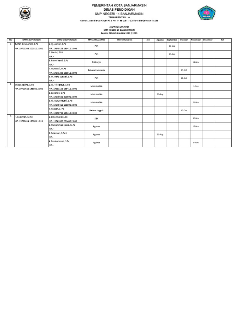Jadwal Supervisi 2022-2023 | PDF