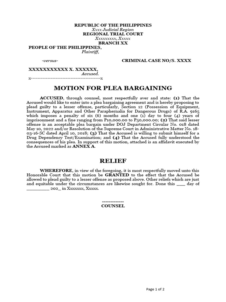 Motion For Plea Bargaining | PDF | Plea | Plea Bargain
