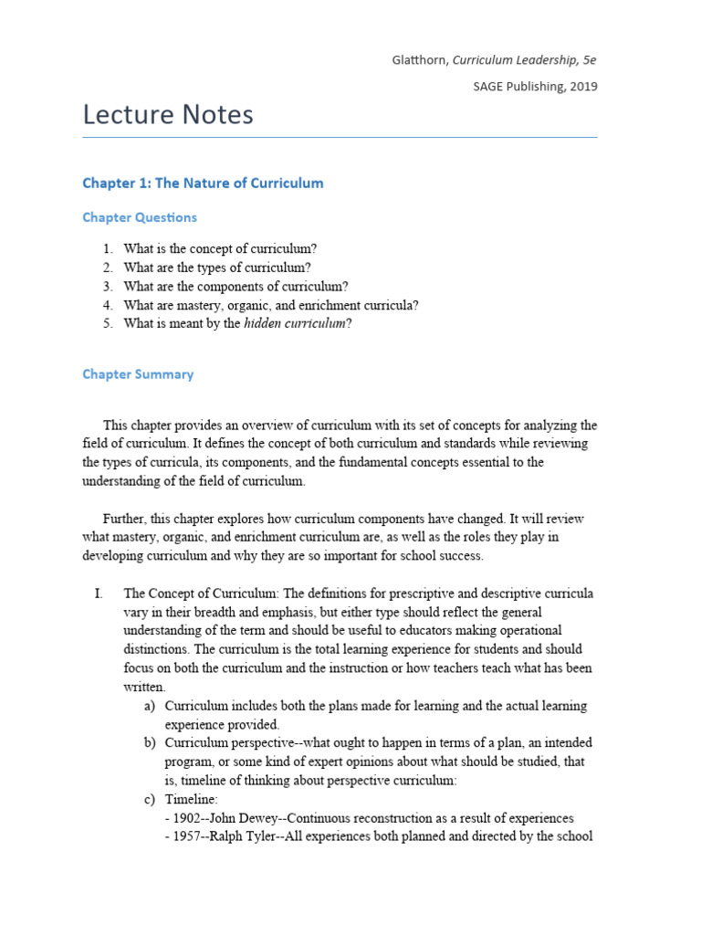 Glatthorn Chapter 01 Lecture Notes FINAL | PDF | Curriculum | Teachers