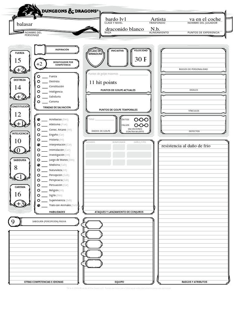 Ficha de Personaje: Bardo Dracónido Lv1 | PDF