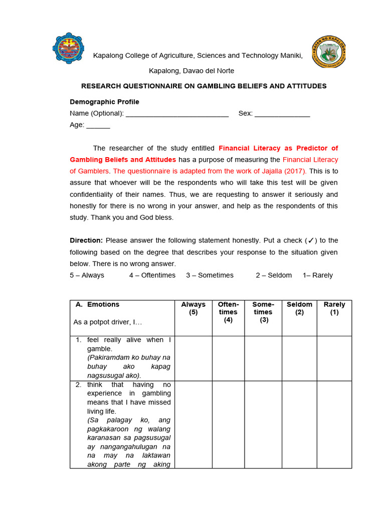 Sample Questionnaire 1 | PDF | Gambling