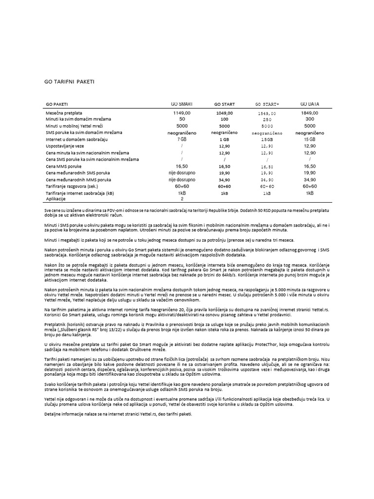 Yettel Cenovnik Aktuelnih Tarifnih Paketa 082023 | PDF