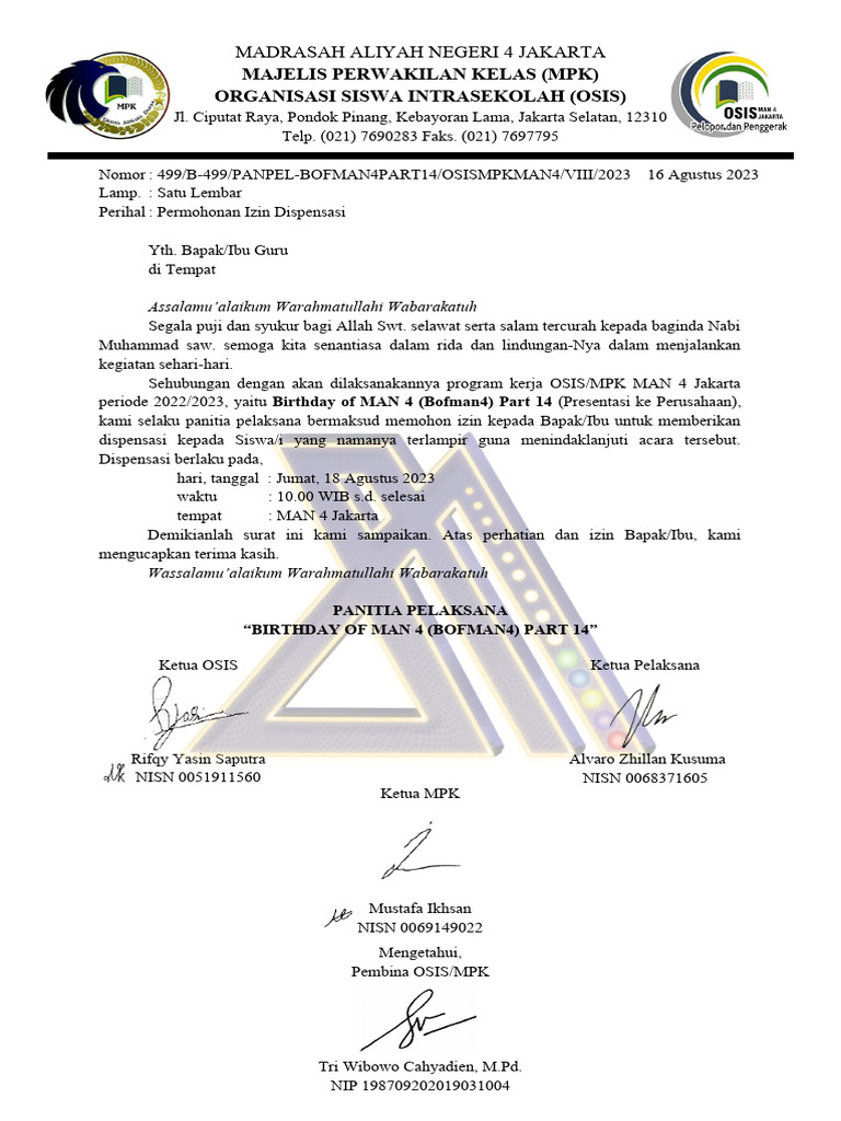 Surat Dispensasi (Presentasi Ke Perusahaan) | PDF