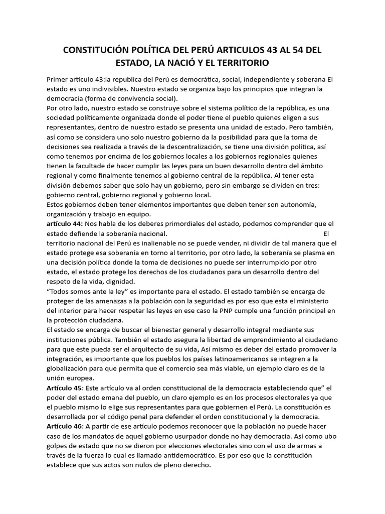 CONSTITUCIÓN POLÍTICA DEL PERÚ ARTICULOS 43 AL 54 DEL ESTADO Tarea 2 ...