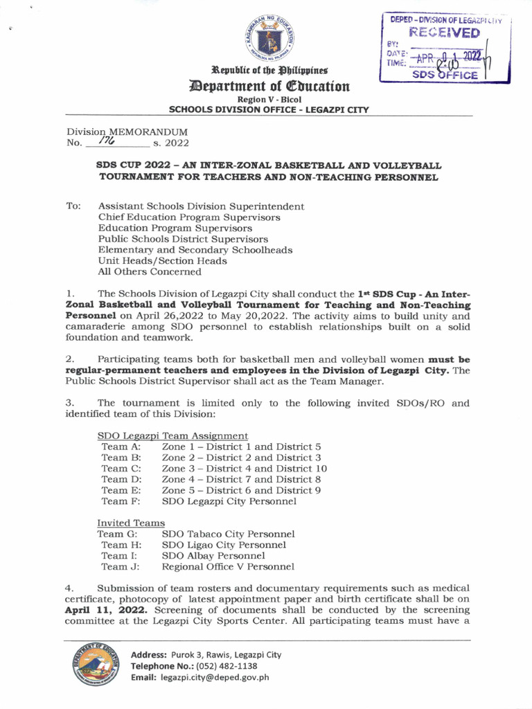 DM No. 176 S. 2022 SDS Cup 2022 An Inter Zonal Basketball and ...