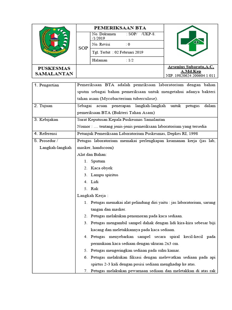 SOP Pemeriksaan BTA | PDF