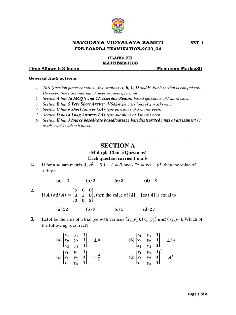 MathsClass XII - SET-1 | Download Free PDF | Algebra | Linear Algebra MathsClass XII - SET-1 | Download Free PDF | Algebra | Linear Algebra