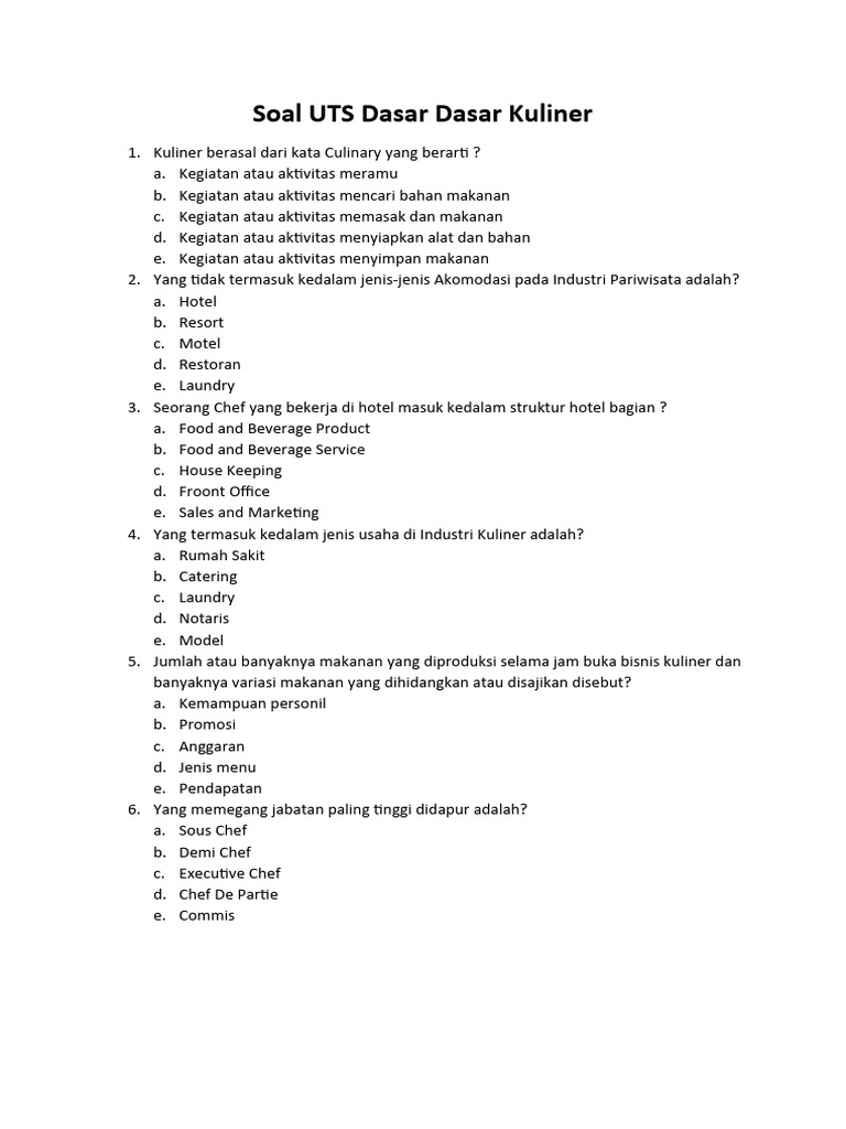 Soal UTS Dasar Dasar Kuliner Susulan | PDF