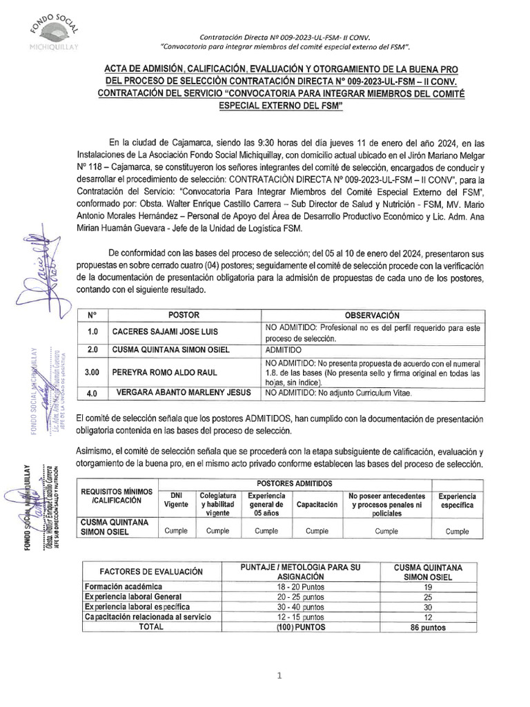 Acta de Admision y Evaluaciòn de Propuestas - Comité Especial Externo - CD 009-2023 - II Conv | PDF