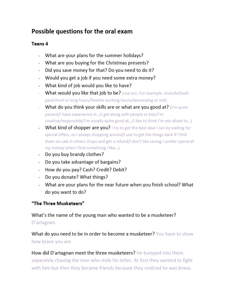 Possible Questions For The Oral Exam TEENS 4 | PDF