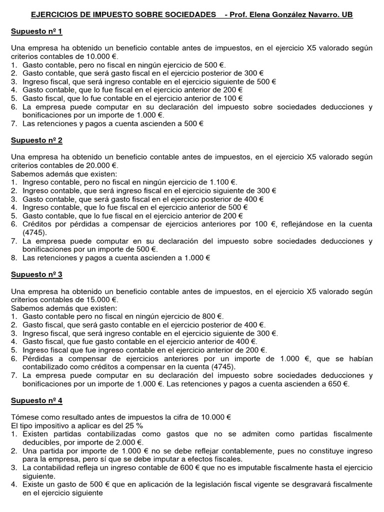 4 EJERCICIOS A RESOLVER 1 A 6 de Impuesto Sobre Sociedades | PDF | Contabilidad | Impuestos