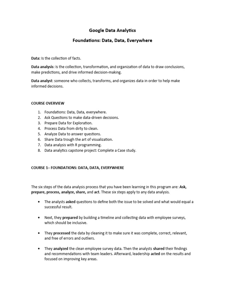 Google Certificate Notes Pdf Data Analysis Data