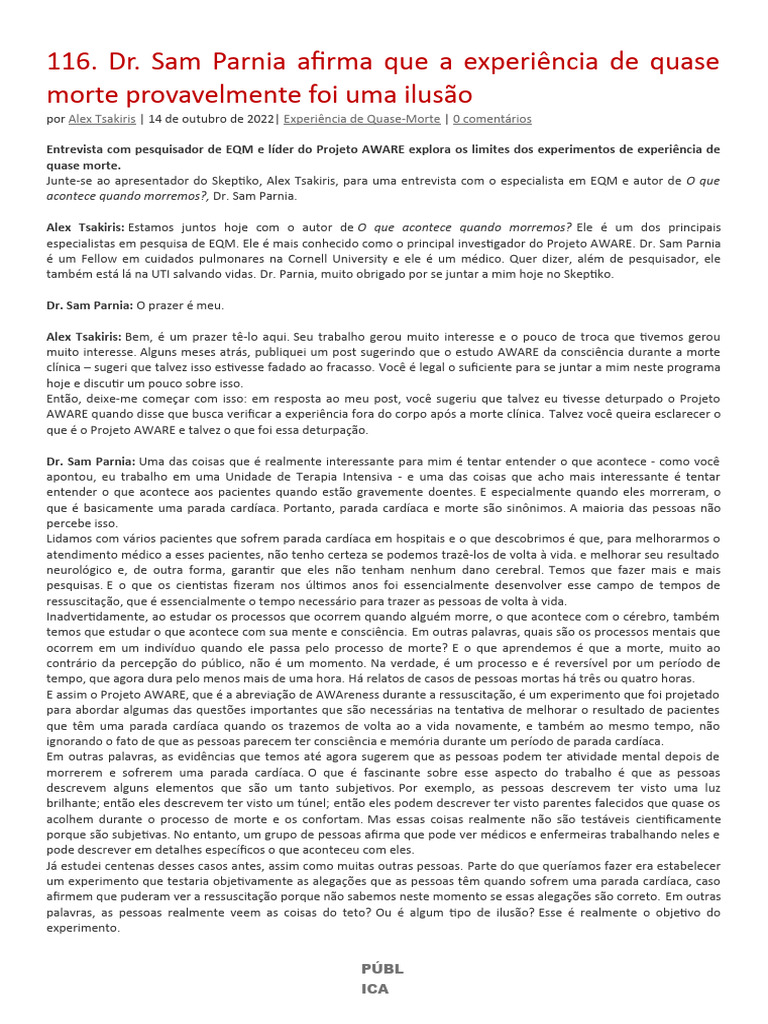 Sam Parnia: EQM como ilusão científica | PDF | Experiência | Science