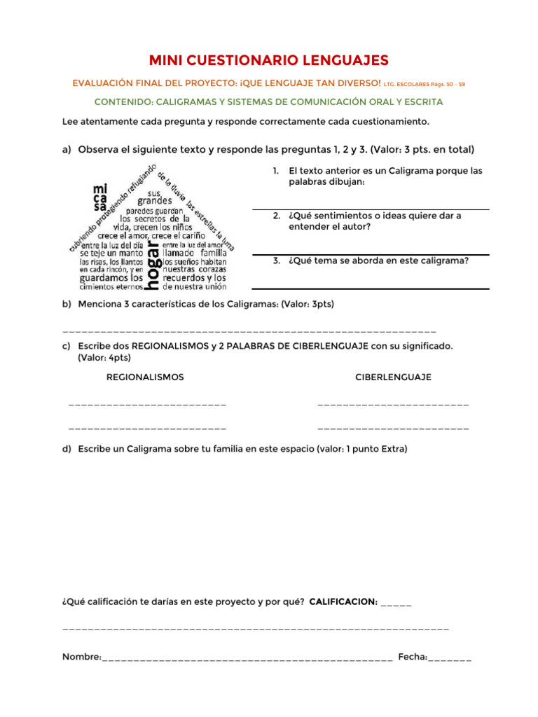 Mini Cuestionario Lenguajes Proyecto 1 2do. Trim 6D | PDF