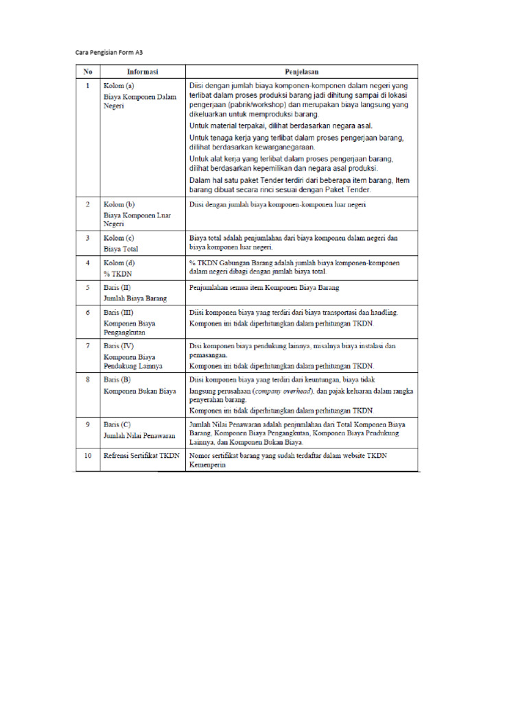 TKDN - Cara Pengisian Form A3 | PDF