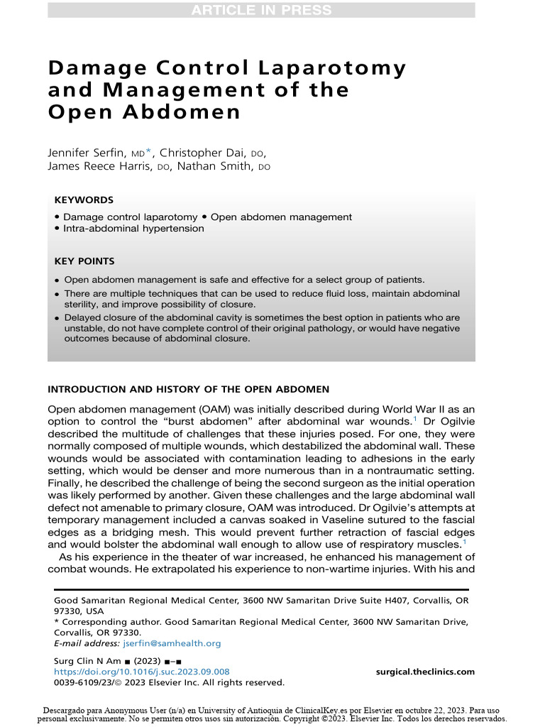Damage Control Laparotomy and Management of the Open Abdomen | PDF ...