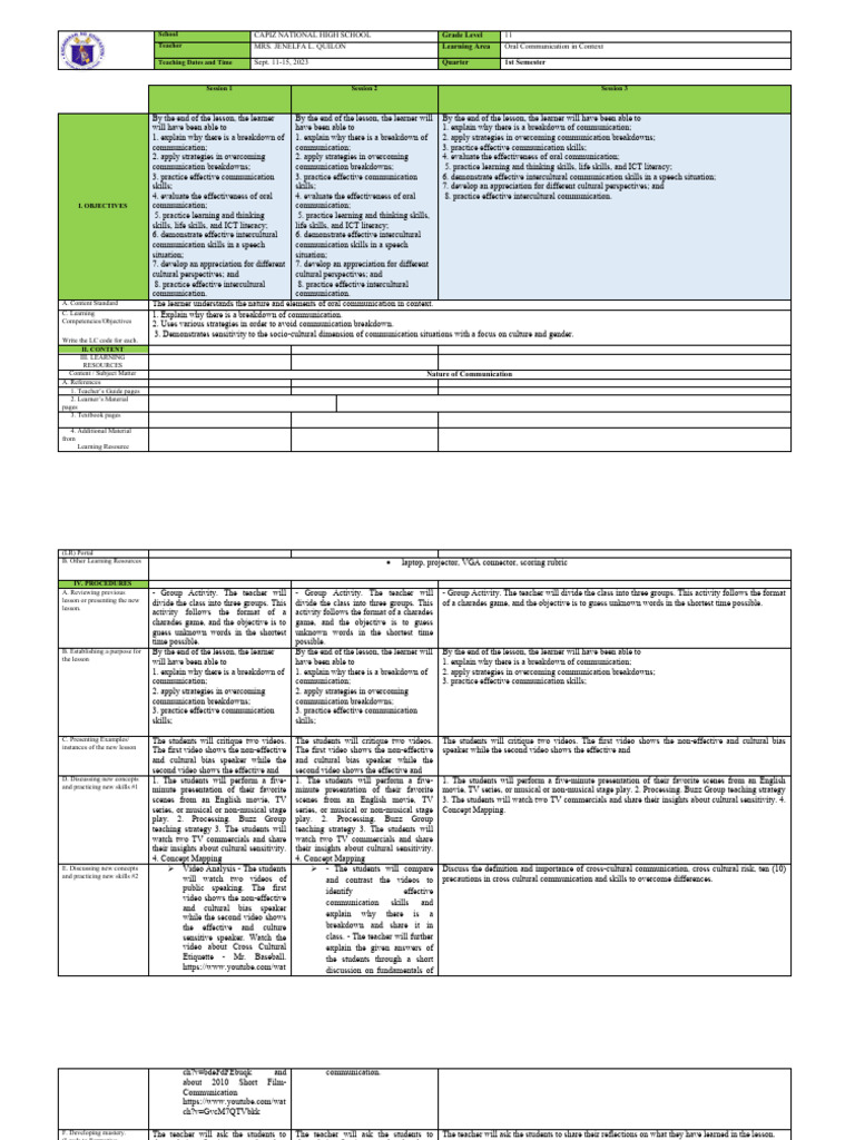 Oral Comm DLL Week 1 | PDF | Nonverbal Communication | Communication