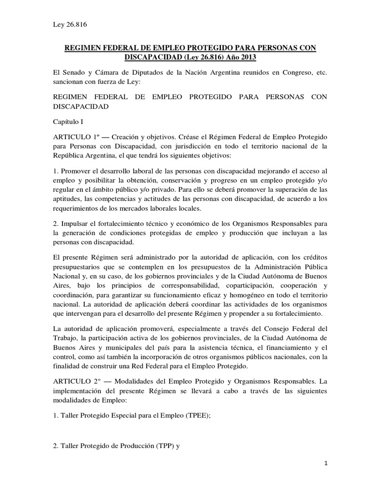 Ley 26.816-Regimen Federal de Empleo Protegido para Personas Con ...