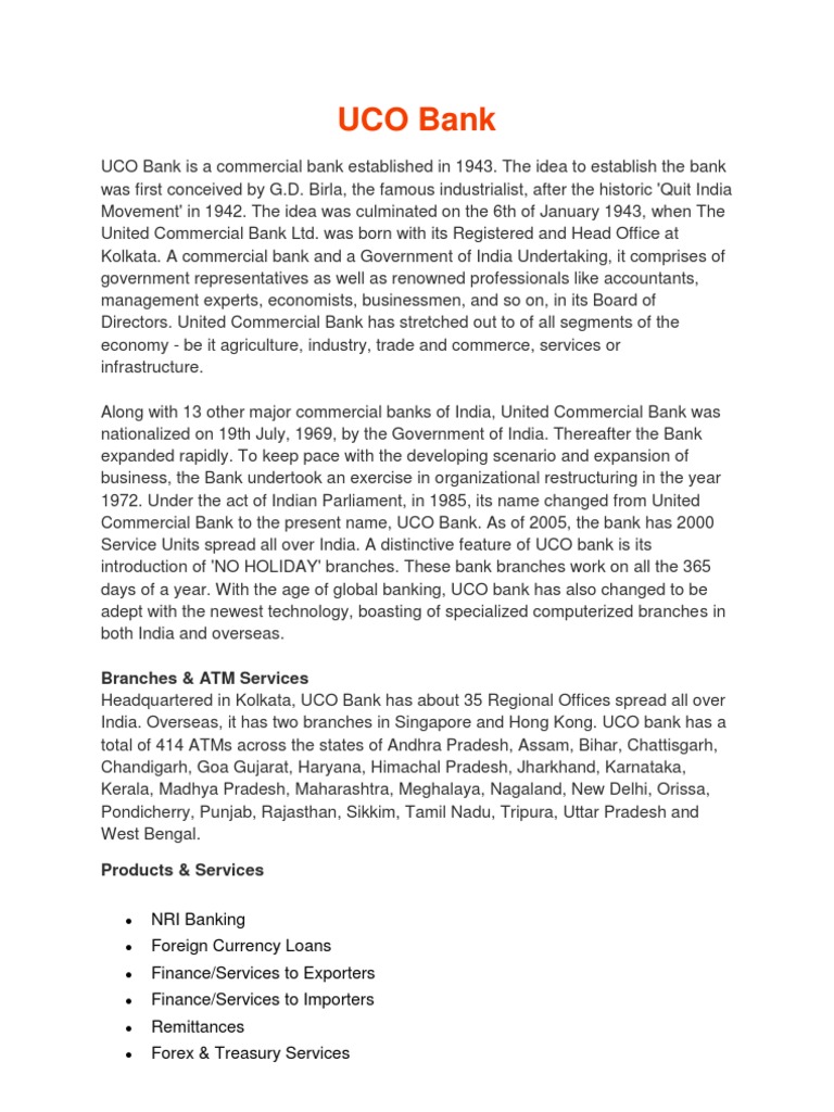 Overview of UCO Bank's History and Branches | PDF