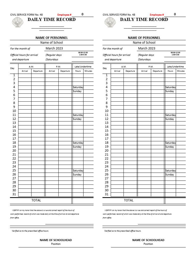 Daily Time Record Template for Teachers | PDF