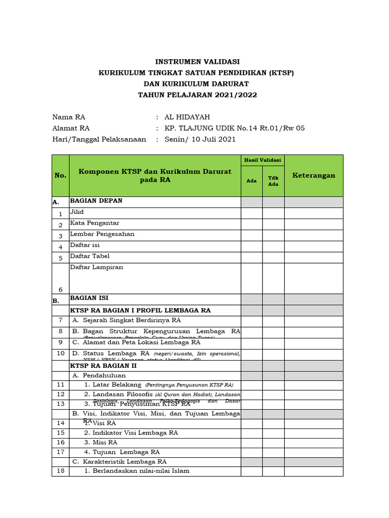 Instrumen Validasi KTSP Dan Kur DARURAT RA 2021-2022 | PDF | Karier & Perkembangan | Bisnis