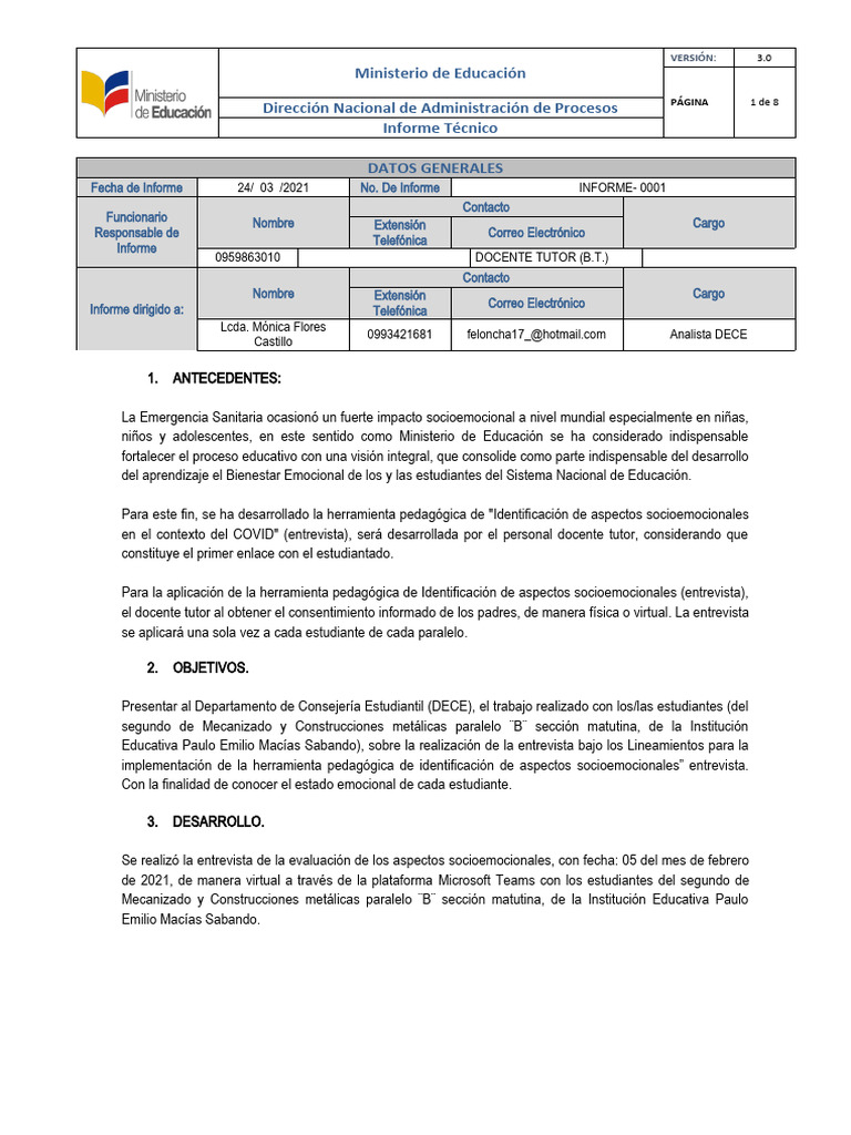 Informe Técnico Docente Tutor .. | PDF | Maestros | Pedagogía