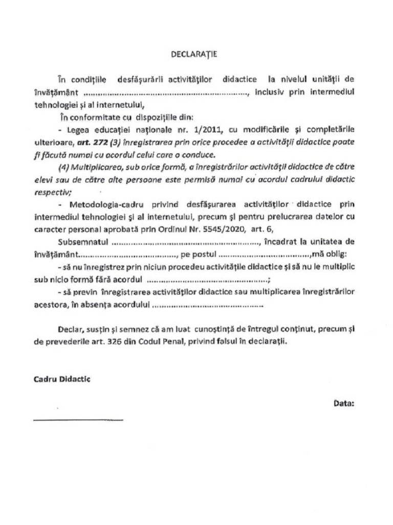 Declaratie Cursuri Online -Cadre Didactice | PDF