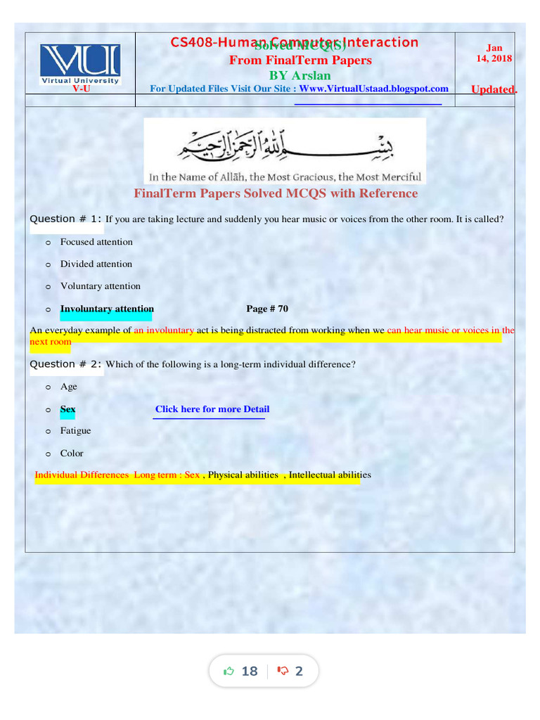 Cs408 Final Term Mcqs by Arslan Vu Students Compress | PDF | Usability | Human–Computer Interaction