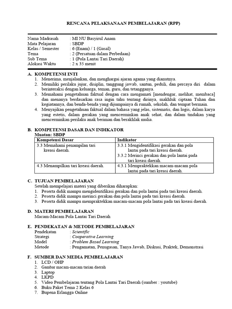 RPP SBDP Pola Lantai Tari Daerah | PDF